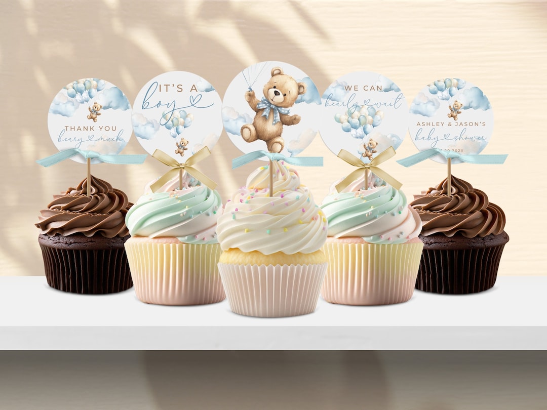 Can Bearly Wait Cupcake Toppers. Editable Blue Balloon Teddy Bear ...