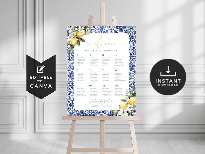 Amalfi Coast Seating Chart. Blue Tiles Lemon Seating Plan Poster ...