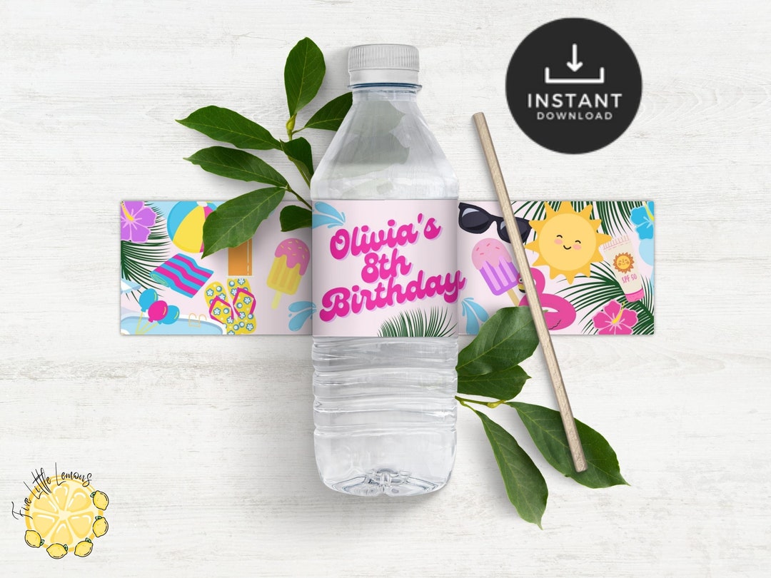 Girls Birthday Water Bottle Label. Custom Pool Party Label ...