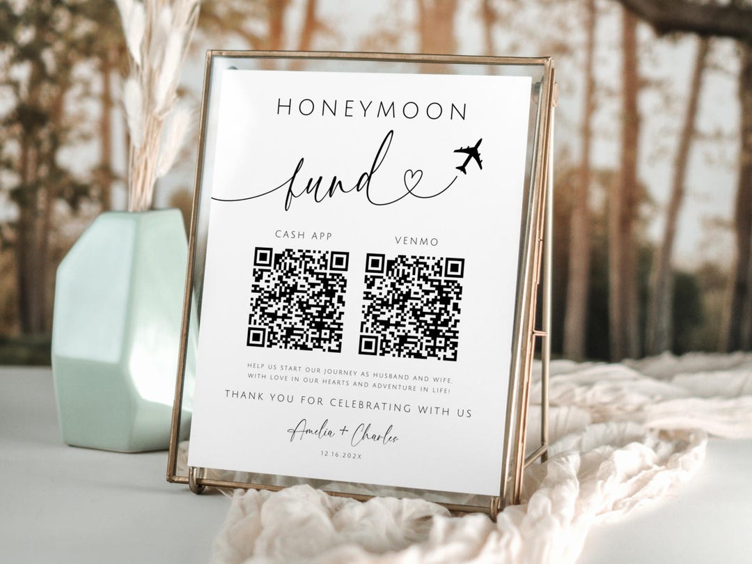 Honeymoon Fund Sign Canva. Editable DIY Venmo QR Code Wedding Wish Sign ...