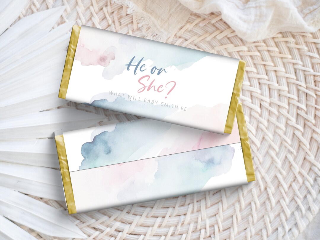 Gender Reveal Chocolate Bar Wrapper Template. Pink and Blue Watercolor ...