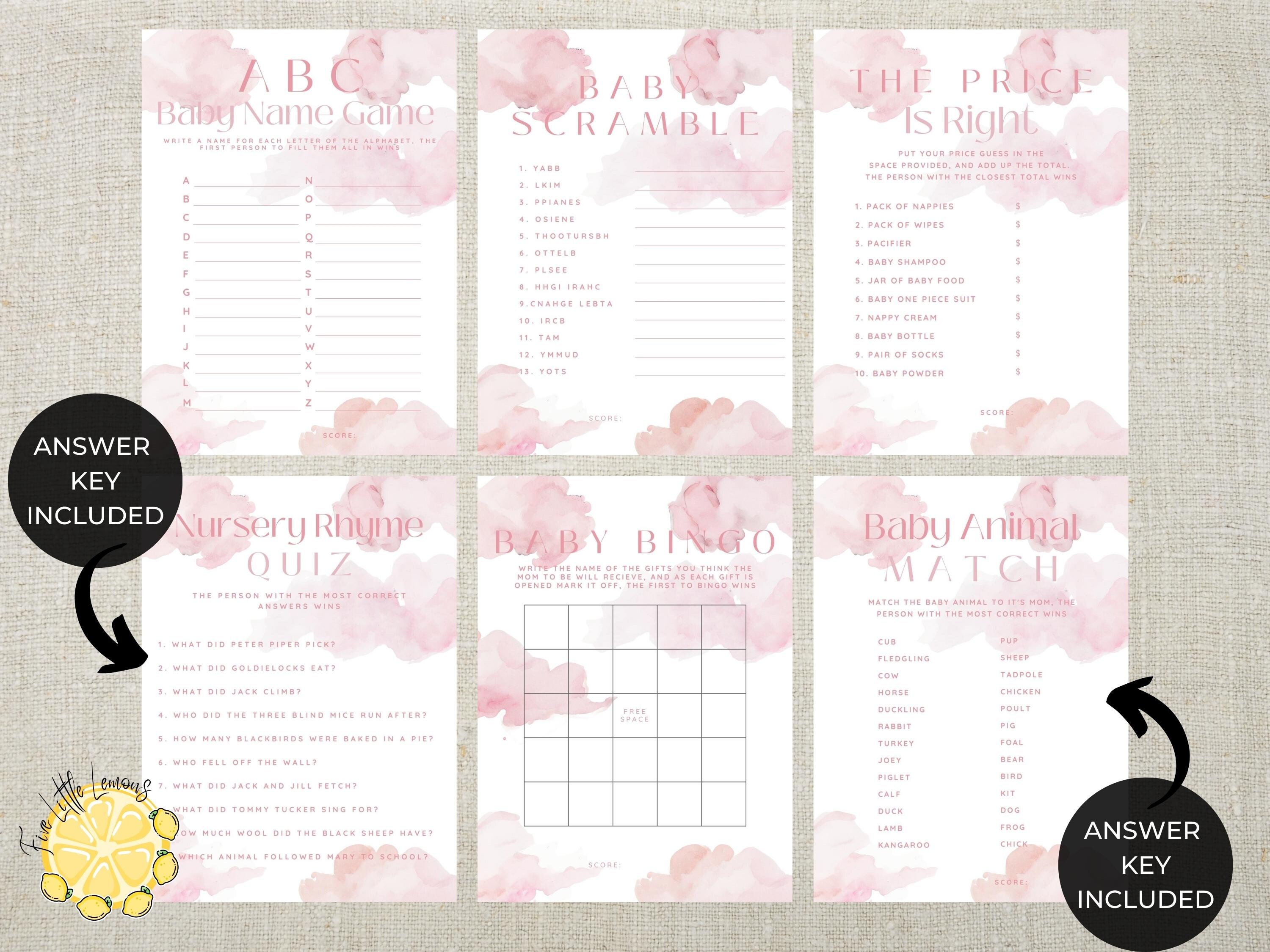 Pink Cloud 9 Baby Shower Games. Editable Girl Cloud Nine Baby Shower ...