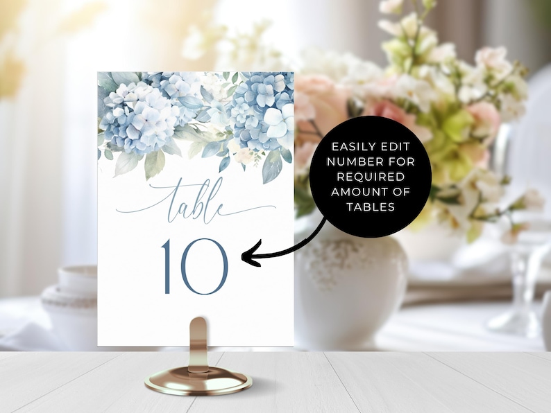 Blue Hydangeas Table Number. Dusty Blue Floral Printable Table Signs ...