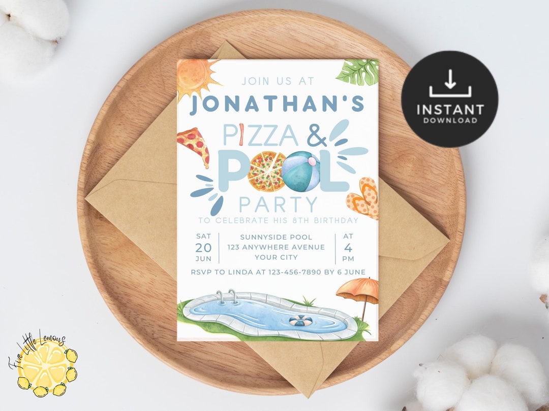 Pizza and Pool Party Invitation. Editable Boys 8th Birthday Invite. Boy ...