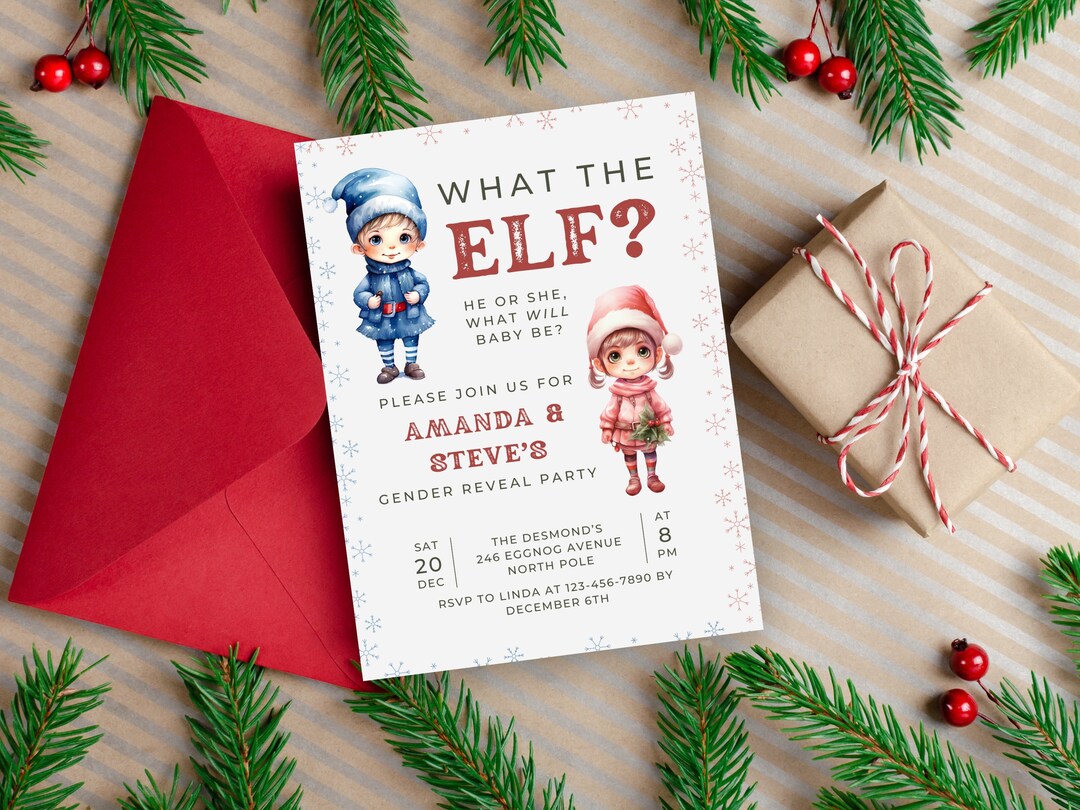 Christmas Gender Reveal Invitation. What the Elf? Boy or Girl. Blue or ...