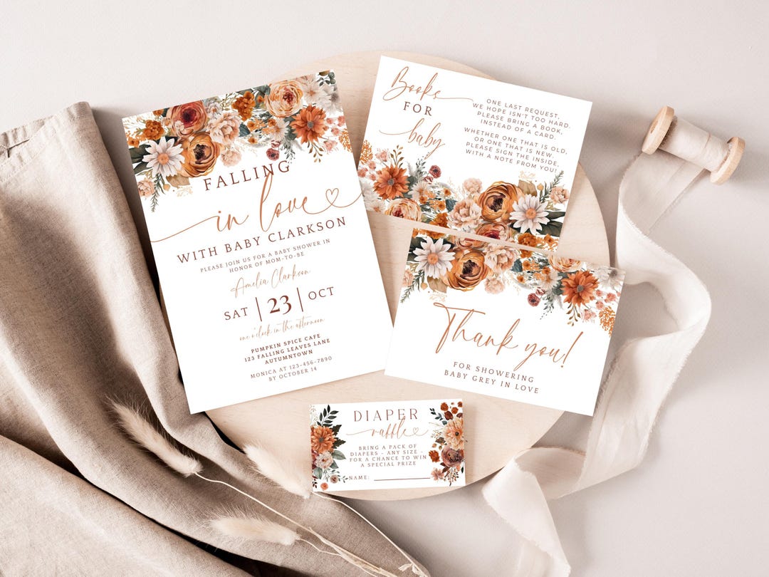 Fall in Love Baby Shower Bundle. Printable Autumn Floral Invitation ...