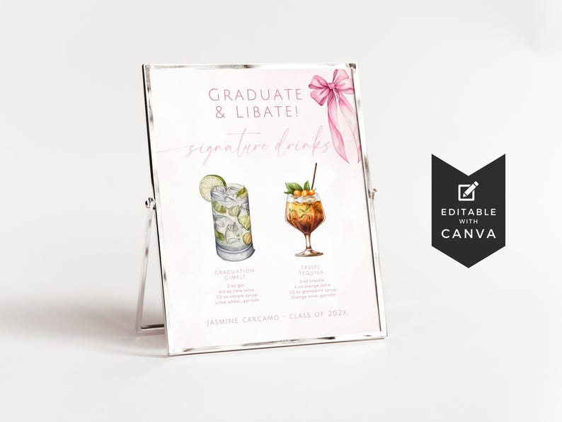 Pink Bow Graduation Signature Drink Template. Coquette Grad Party ...