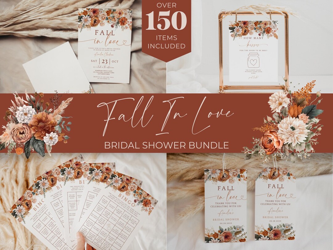 Fall in Love Bridal Shower Bundle. Autumn Floral Invitation Template. Printable Fall Wedding ...