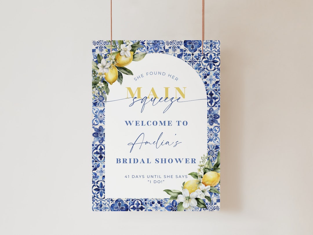 Blue Tiles Lemon Bridal Shower Welcome Sign. Positano Printable Signage ...