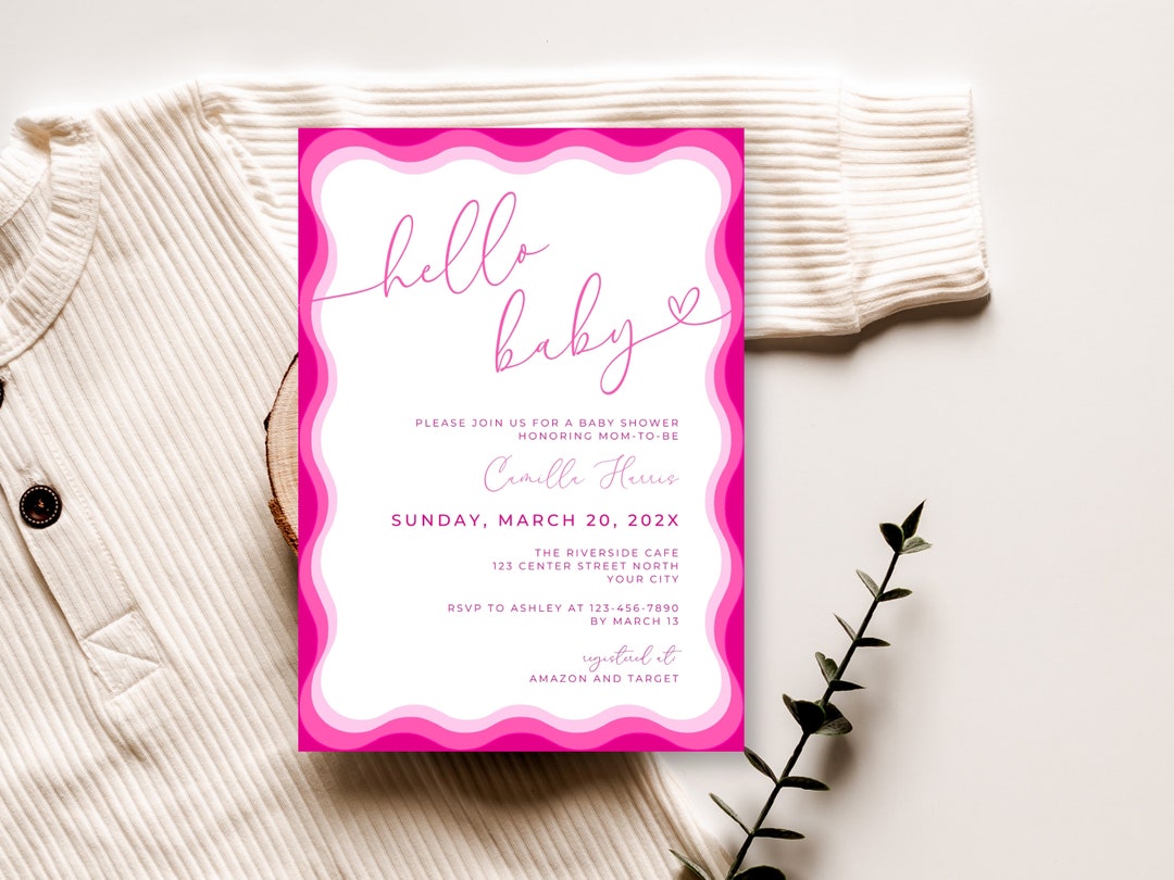 Wavy Border Printable Invite. Retro Pink Squiggly Baby Shower ...
