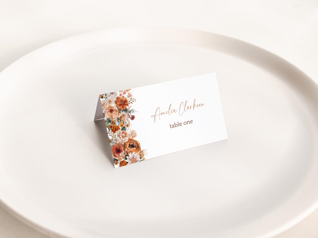 Fall in Love Place Cards. Personalised Autumn Florals Name Card ...