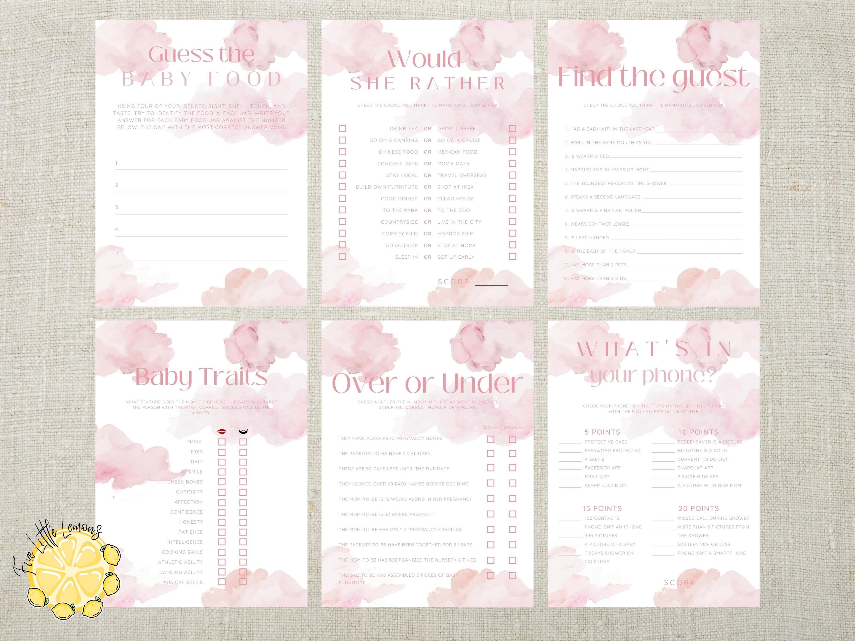 Pink Cloud 9 Baby Shower Games. Editable Girl Cloud Nine Baby Shower ...