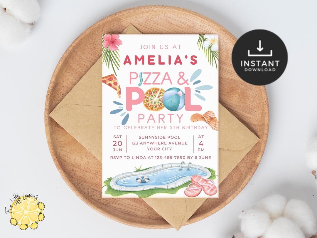 Pizza and Pool Party Invitation. Editable Girl 5th Birthday Invite ...