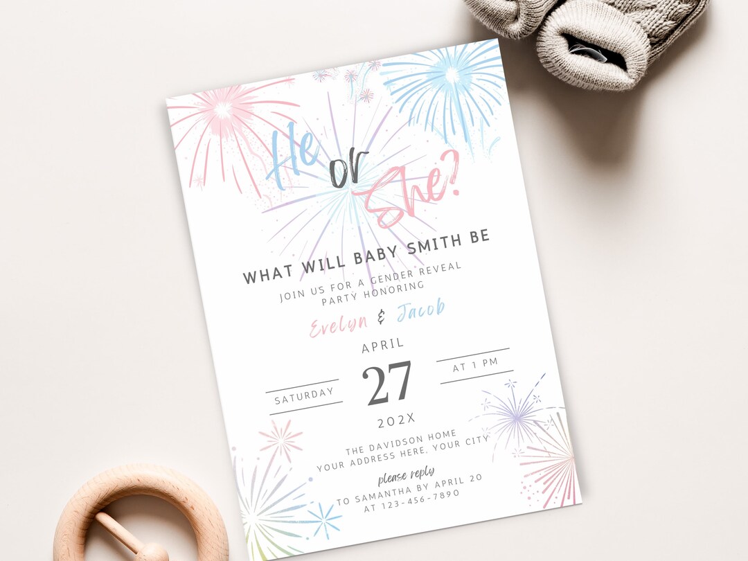 Firework Gender Reveal Invitation. Editable He or She Invite. Blue ...