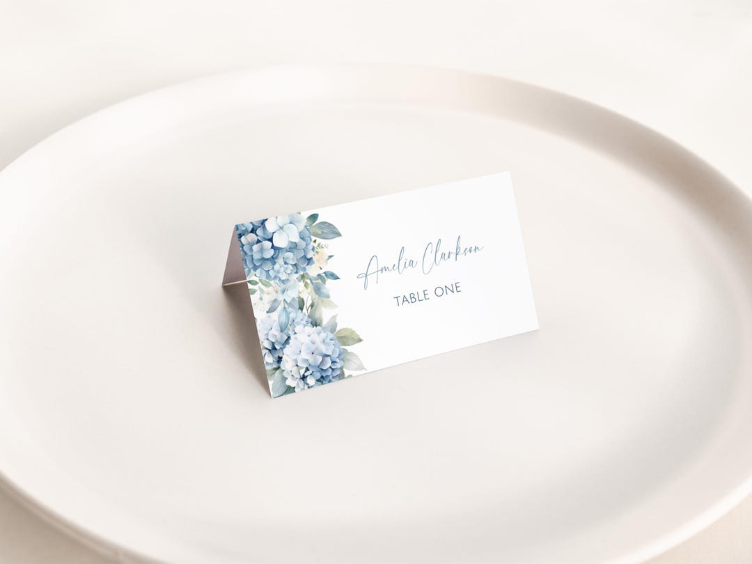 Place Cards With Blue Hydrangea. Personalised Dusty Blue Name Card ...