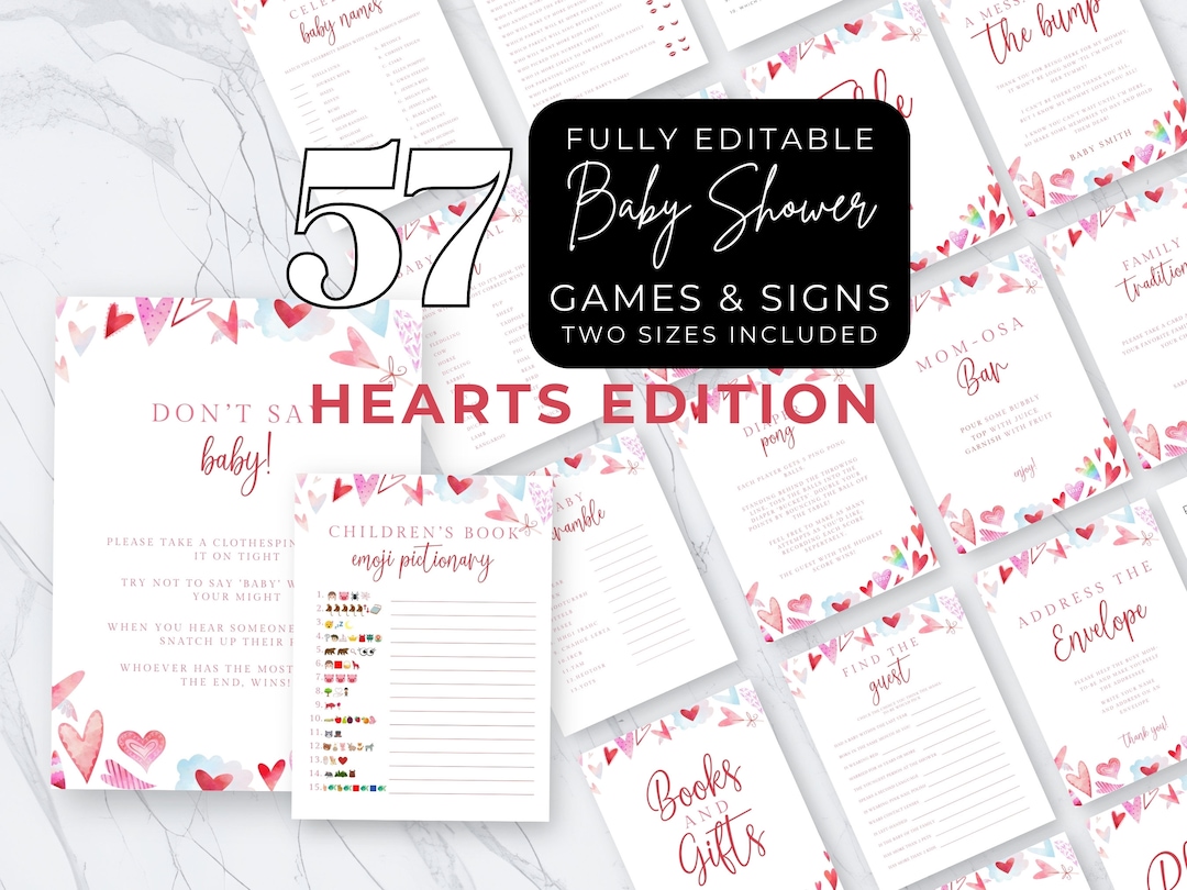 Printable Heart Baby Shower Activities. Red Pink Hearts Sign Pack ...