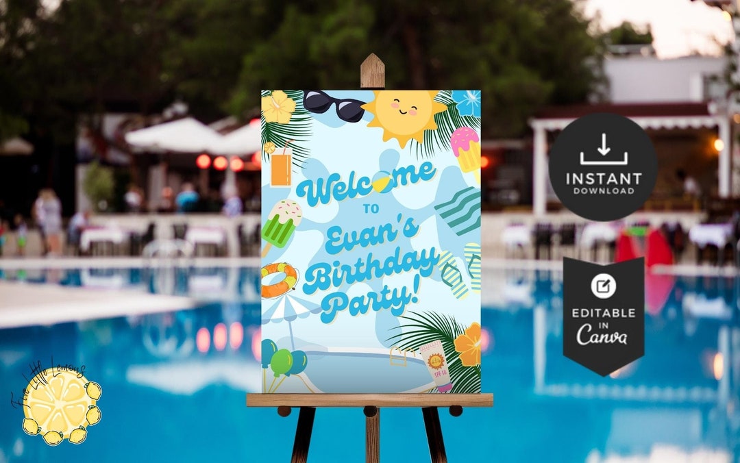 Editable Pool Party Welcome Sign. Blue Boy Pool Birthday Bash. - Etsy