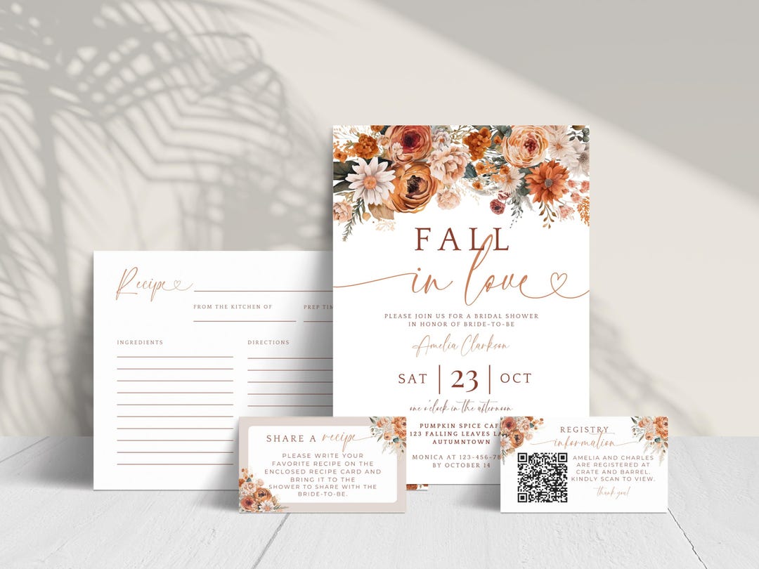 Fall in Love Bridal Shower Invitation Bundle. Autumn Floral Theme ...