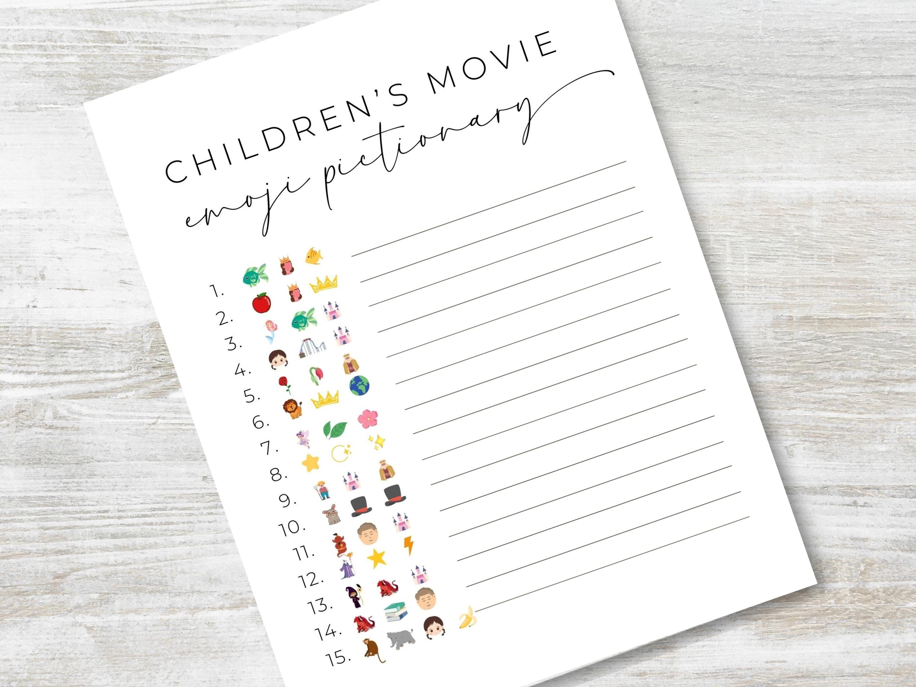 Children's Movie Emoji Pictionary Game. Fun Baby Shower Guessing Game ...