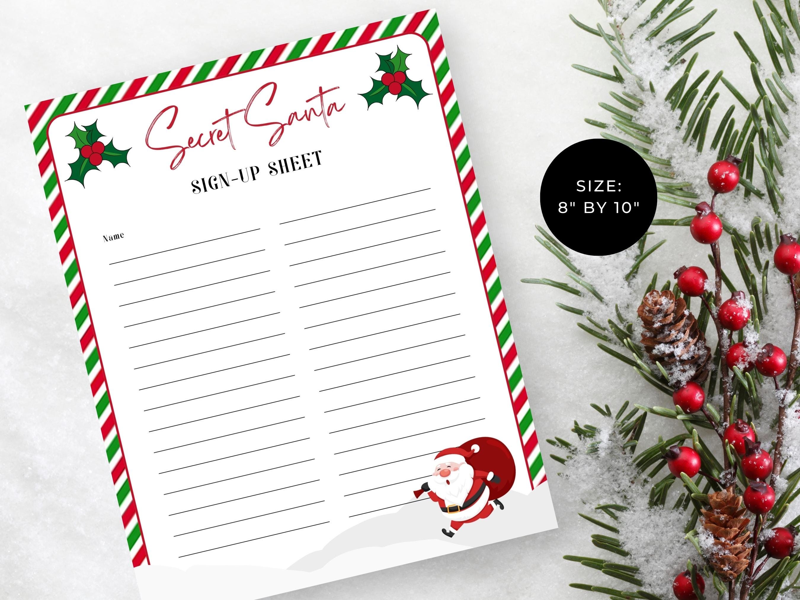 Secret Santa Sign up Sheet. Printable Secret Santa Gift Exchange PDF ...