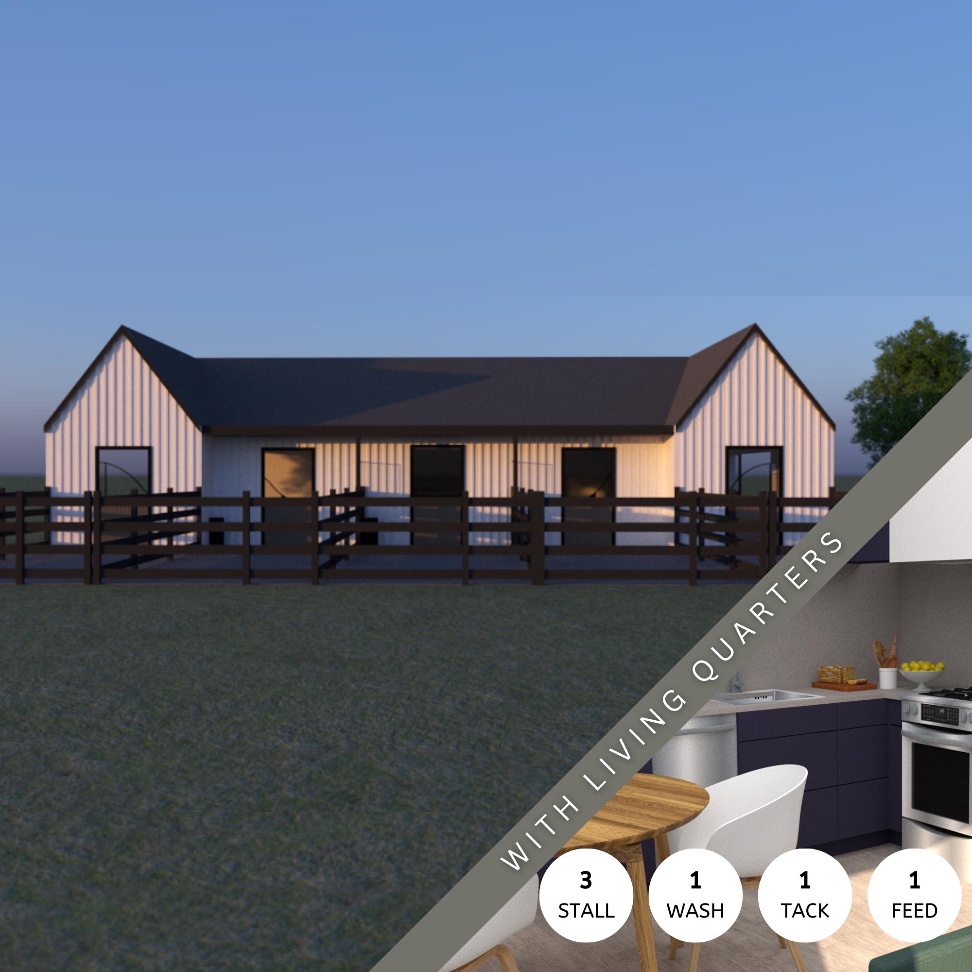 Matthew Series - 4 Stall Horse Barn Plans With Living Quarters ...