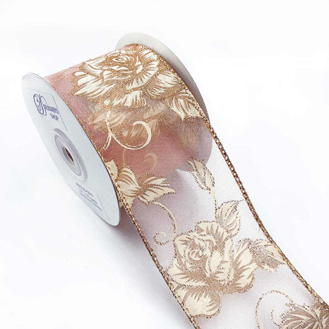 WR 63-5019 2.5" Wired Edge Ribbon, Gold Ivory Rose Floral Sheer Wired ...