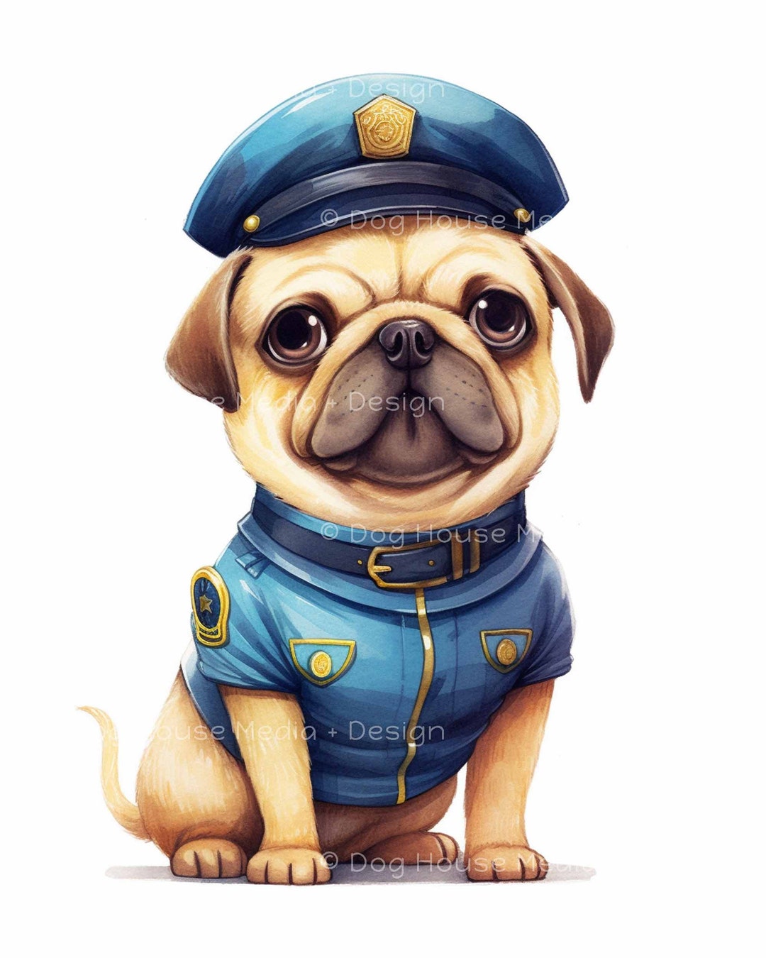 Pug Wall Decor, Police Officer Art, Cool Dog Print, Pug Dog Dressed as ...