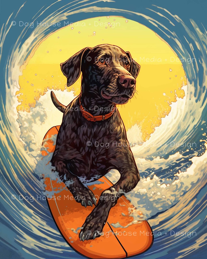 Surfer Dog Wall Decor, Surfing Art, Cool Dog Print, German Shorthair ...