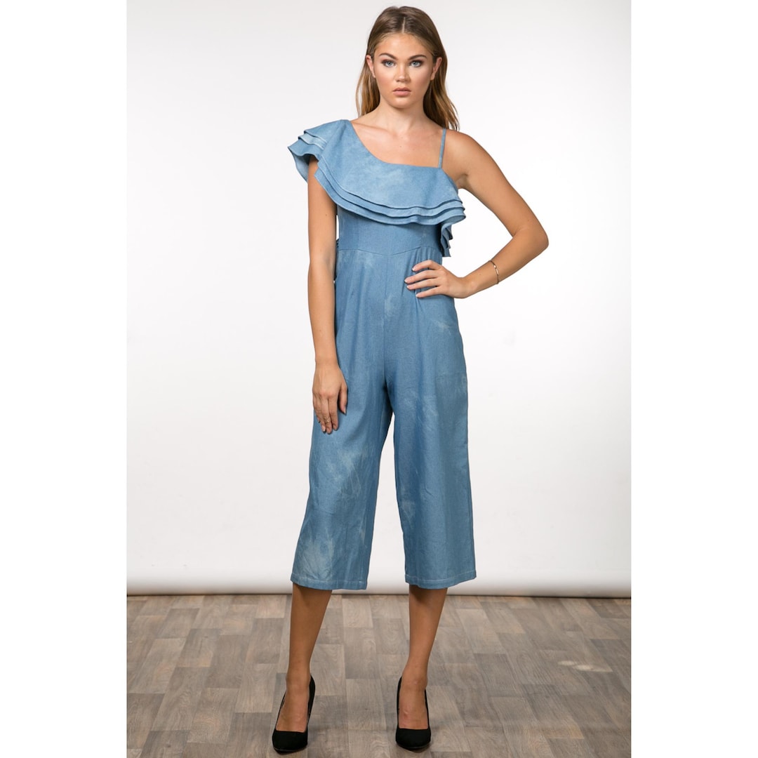 One-shoulder Ruffle Denim Jumpsuit – Chic Asymmetric Culotte Romper - Etsy