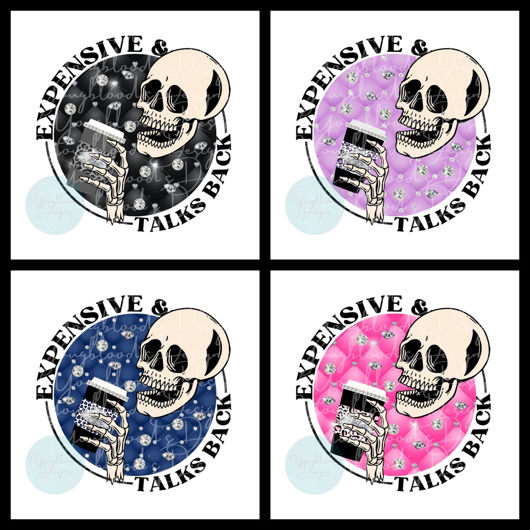 Expensive & Talks Back Skull and Coffee Holding Png Sticker Png Studded ...