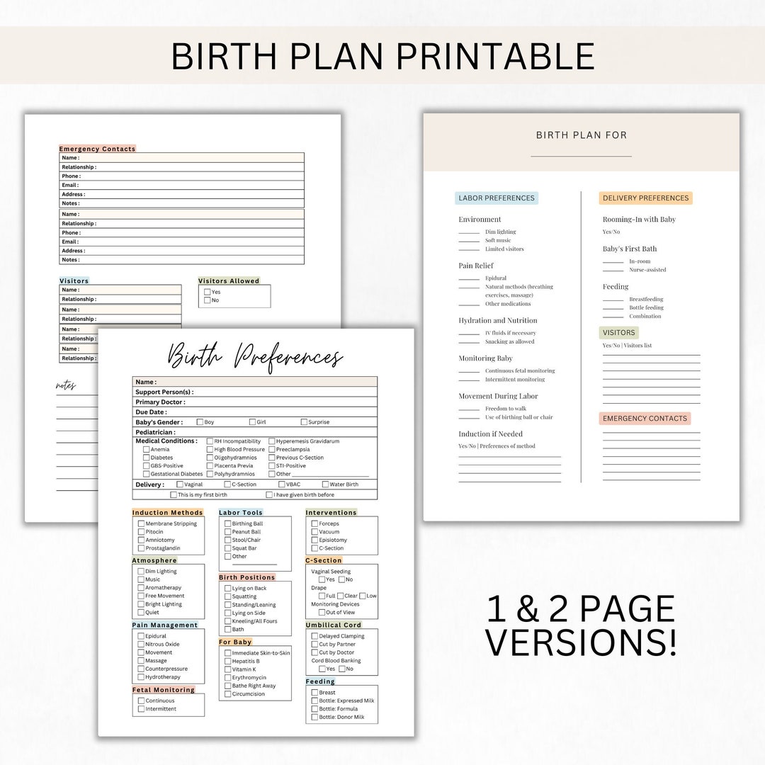Birth Plan Printable, Simple Birth Plan, Pregnancy Planner, Labor and ...