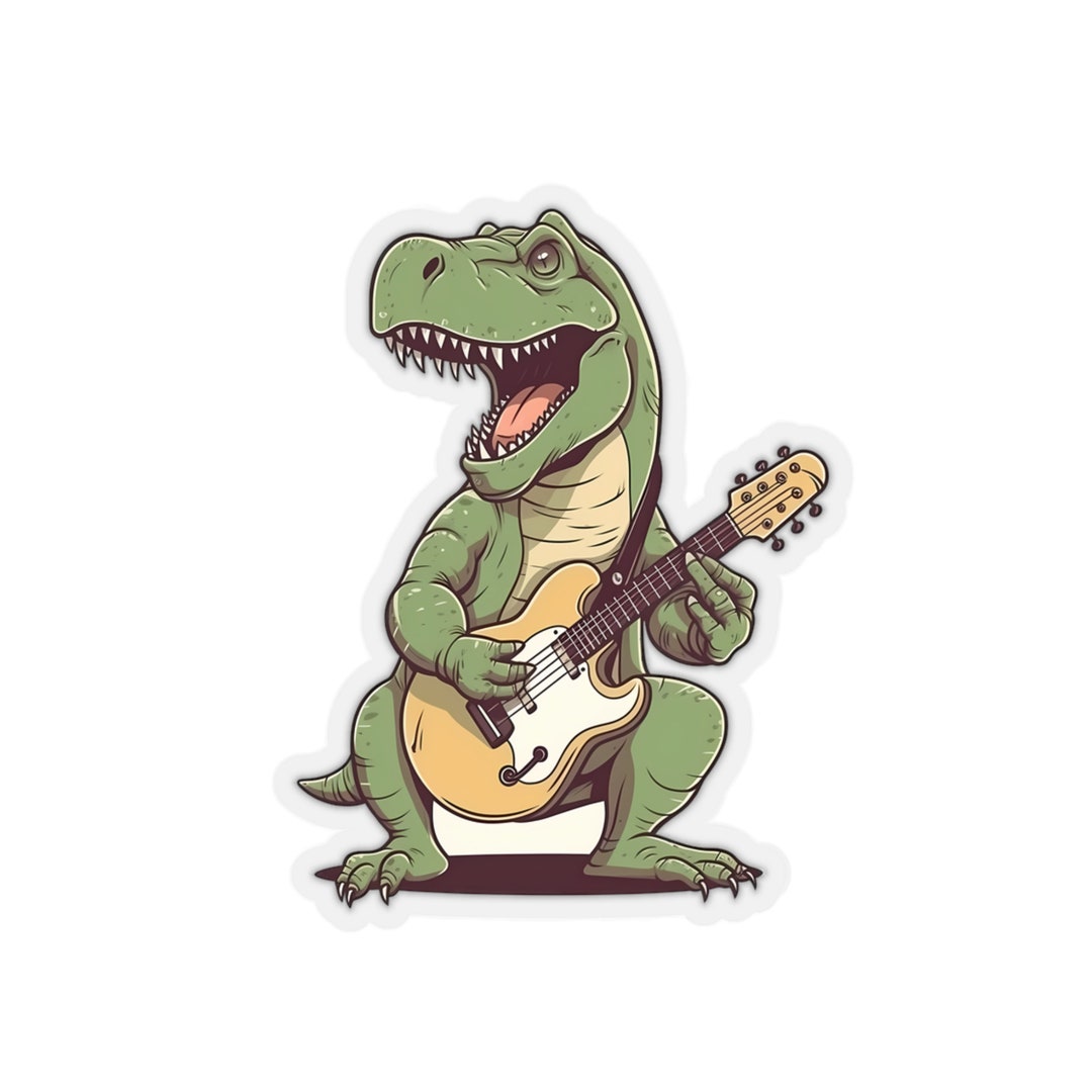 Kiss-cut T-rex Playing Guitar Sticker, Dinosaur Musician Decal, Playful ...