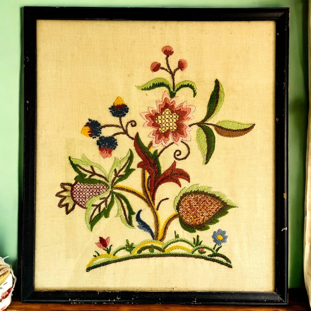 Vintage Framed Crewel Embroidery Jacobean Tree Art Hanging | 17" X 19" | READ - Etsy