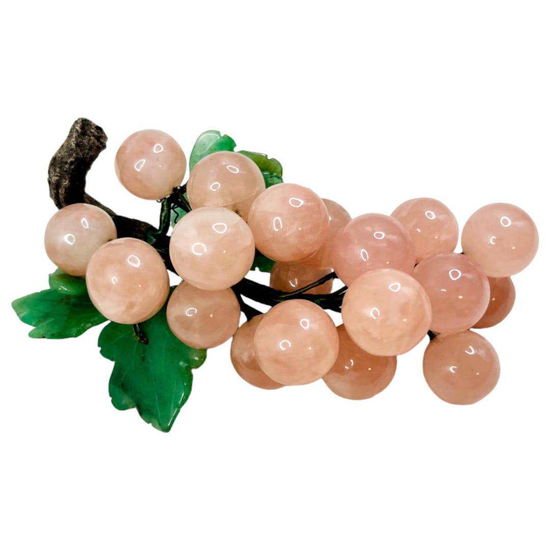 Vintage Chinese Stone Fruit Rose Quartz Grape Cluster With Jade Leaves ...