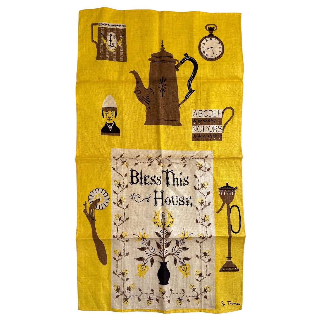 Vintage Peg Thomas Linen Tea Towel: Bless This House, MCM Boho Kitchen ...