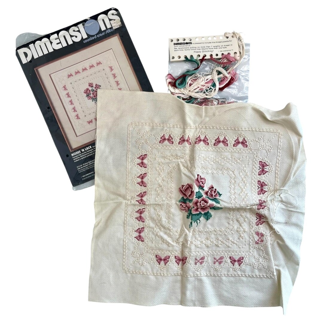 Vintage 1986 Roses 'n Lace' Cross Stitch Kit - Almost Completed - Etsy