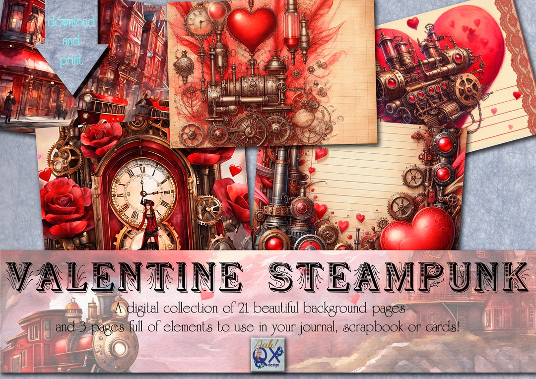 Steampunk Valentine A4 Printable Journal Cards Set Landscape Scrapbook ...