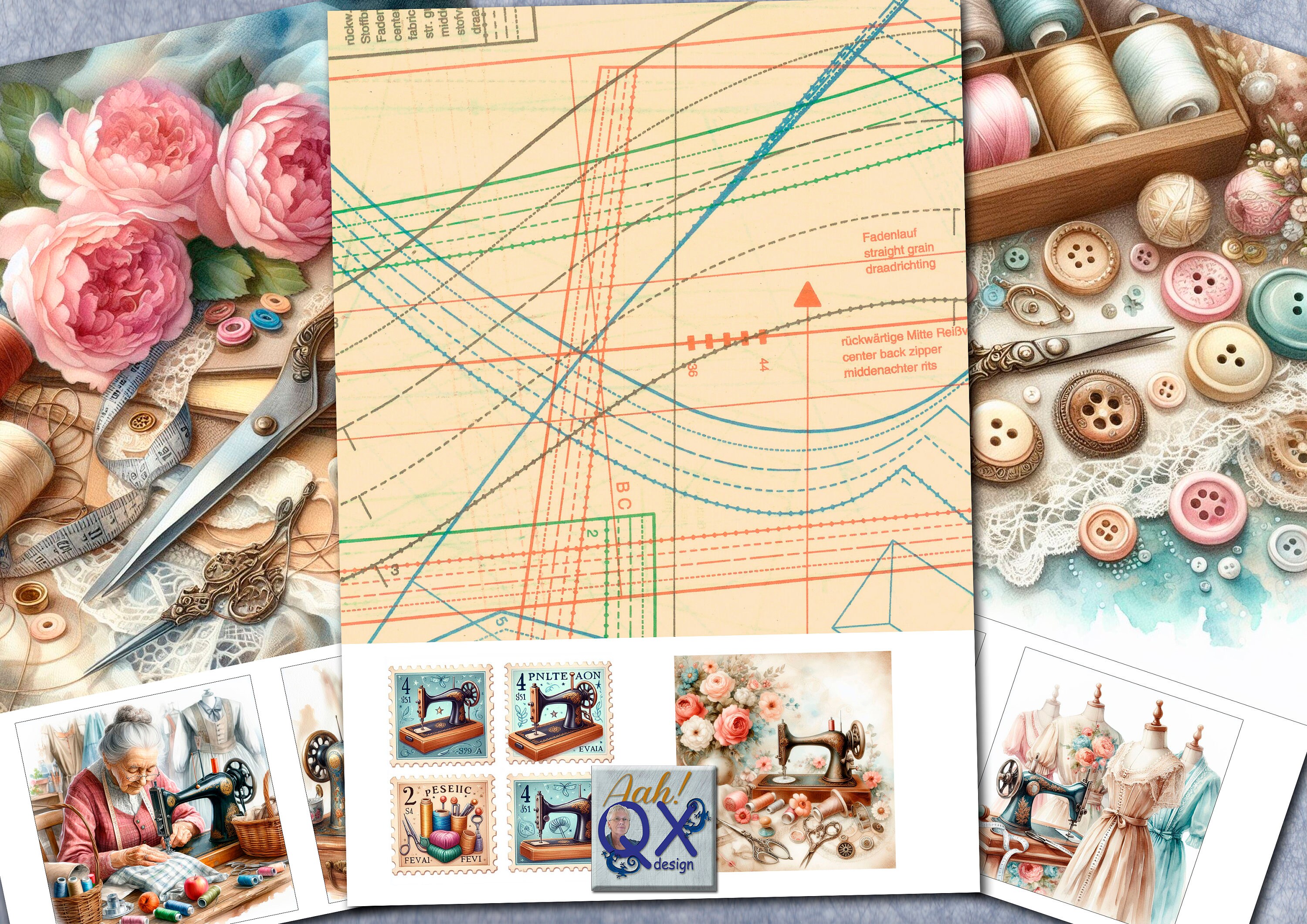 Printable Sewing Art Retro Vintage Sewing Machine Square Pastel Colors ...