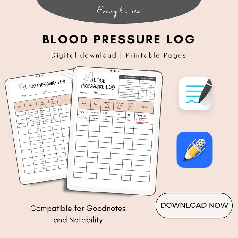 Blood Pressure Log Printable. Blood Pressure Tracker Daily. Blood ...