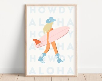 Howdy and Aloha Poster Coastal Blonde Cowgirl Print Surfer Cowgirl Wall ...