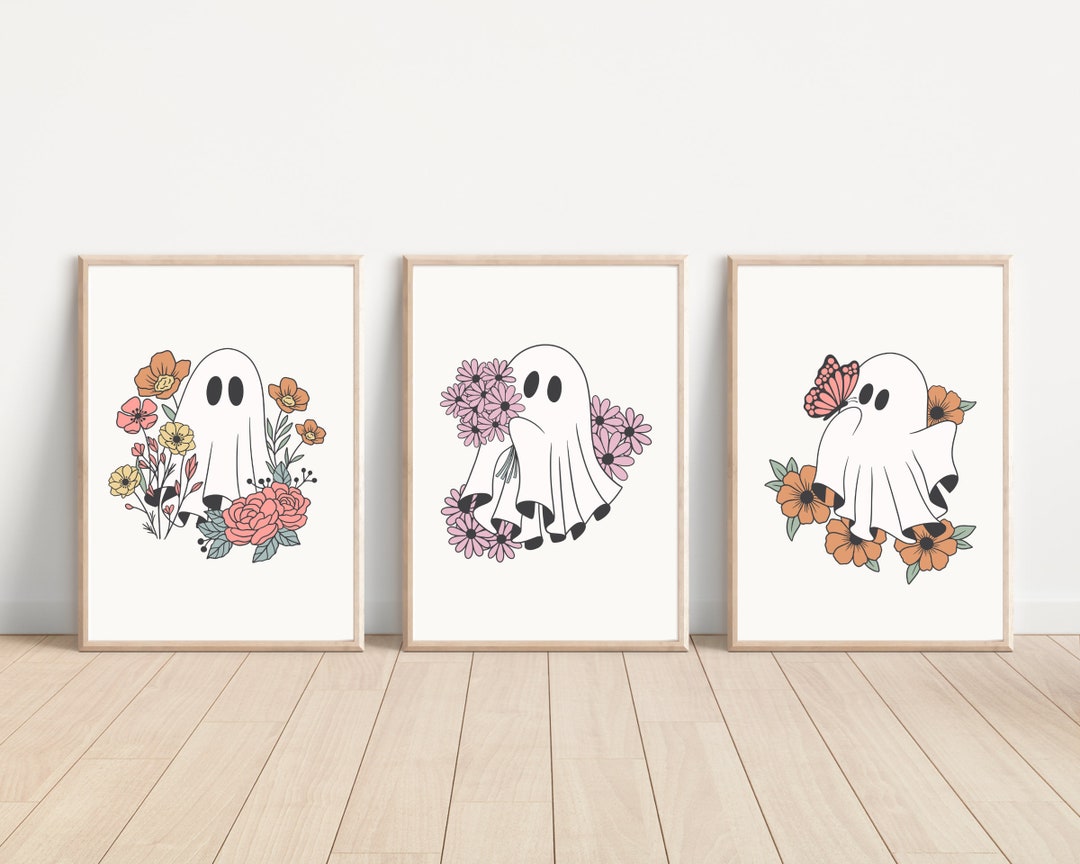 Boho Halloween Print Set of 3 Cute Ghost Wall Art Hippie Halloween ...