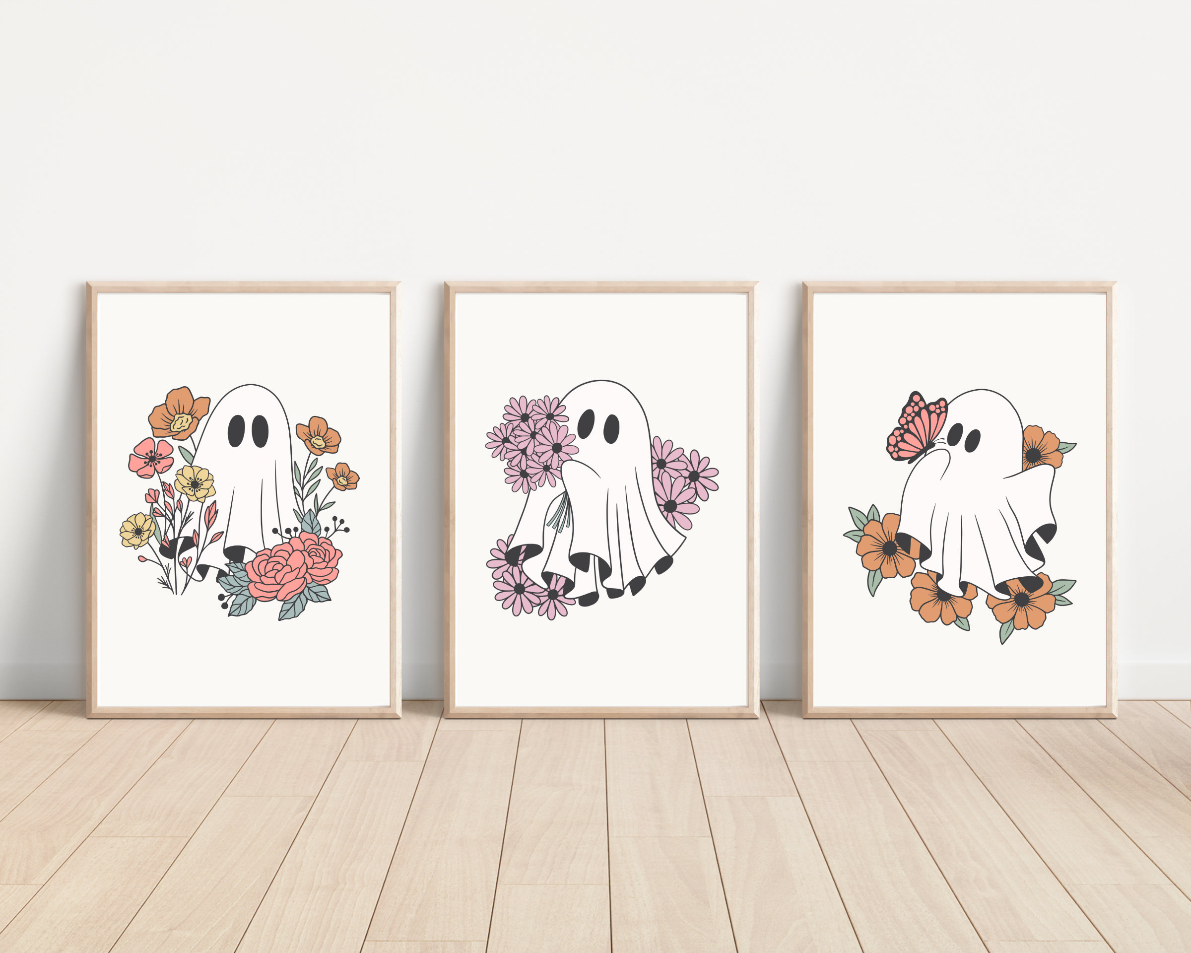 Boho Halloween Print Set of 3 Cute Ghost Wall Art Hippie Halloween ...