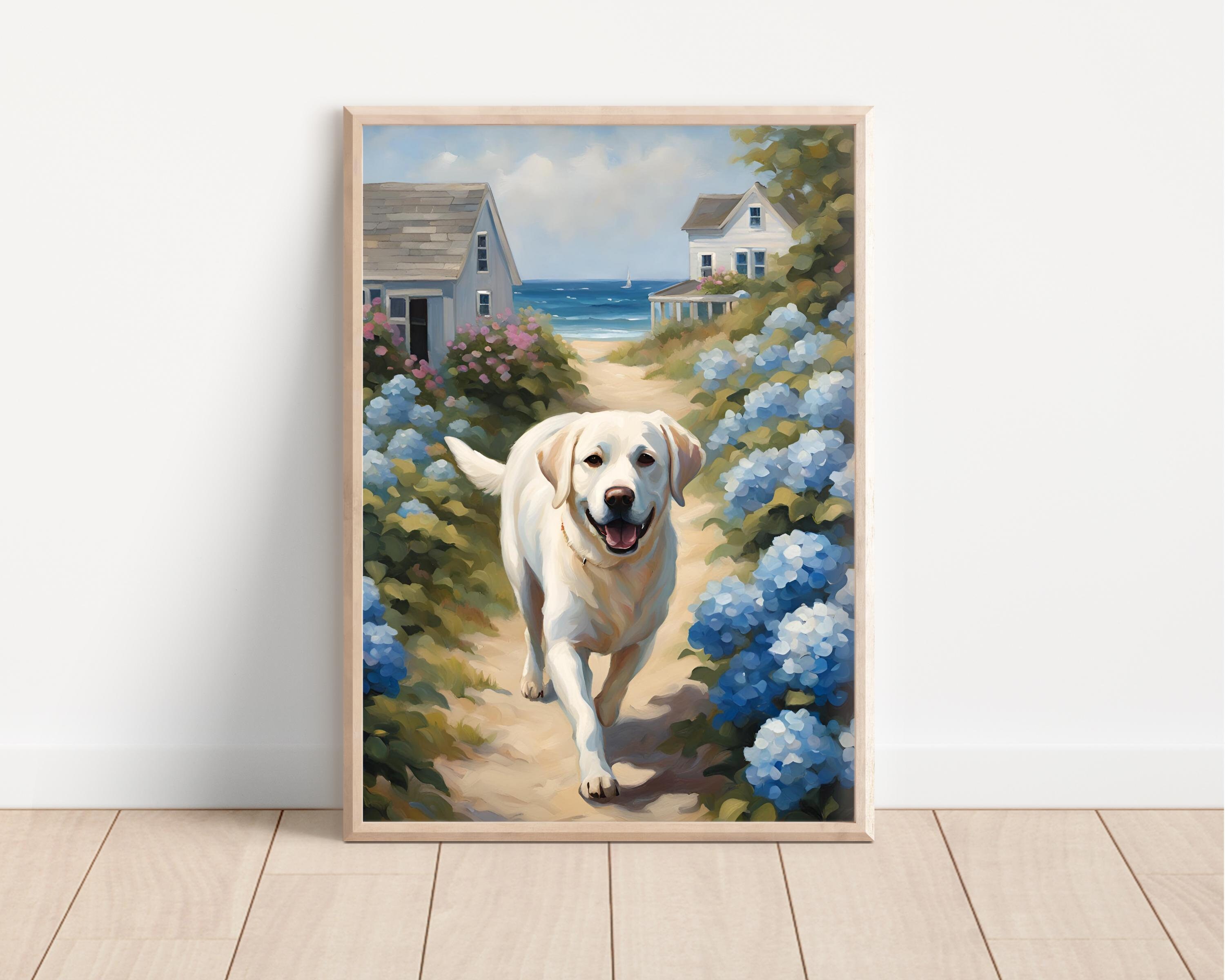 White Labrador Art Preppy Blue Nantucket Beach Print East Coast Cottage ...