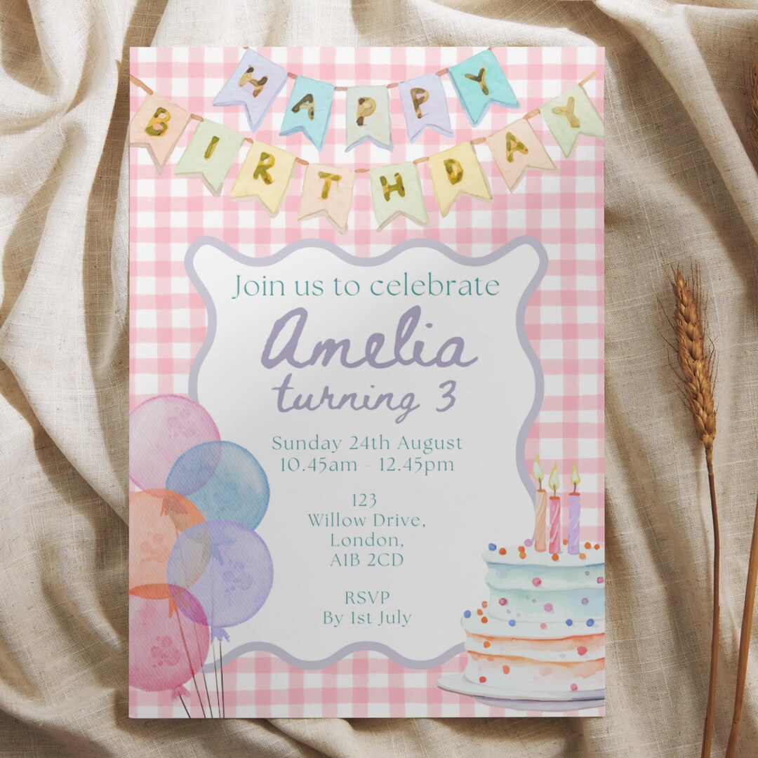 Pink Gingham Birthday Invitation: Vintage Pastel Party (canva Template ...