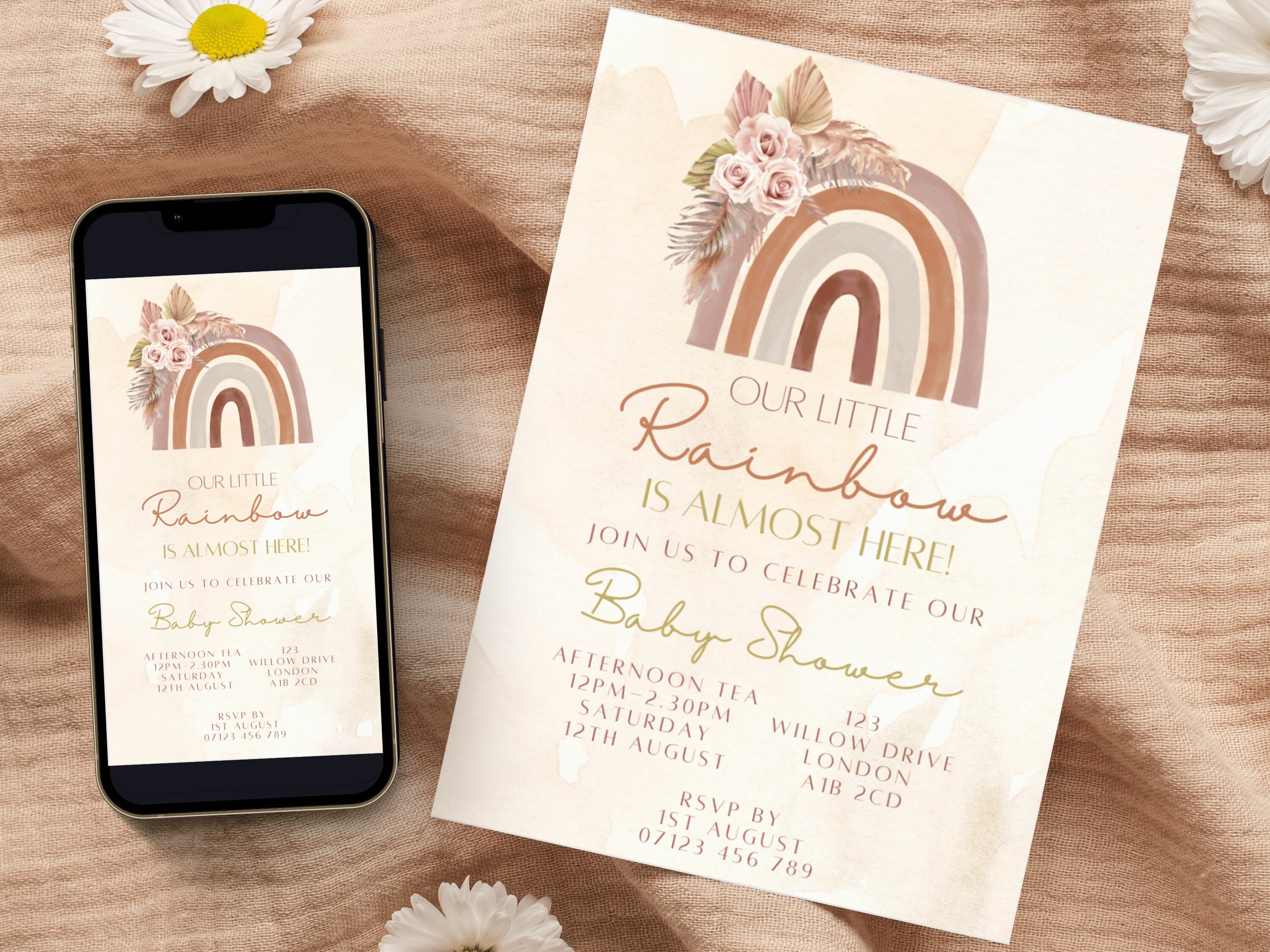 Editable Boho Rainbow Baby Shower Invitation, Rainbow Baby Shower ...