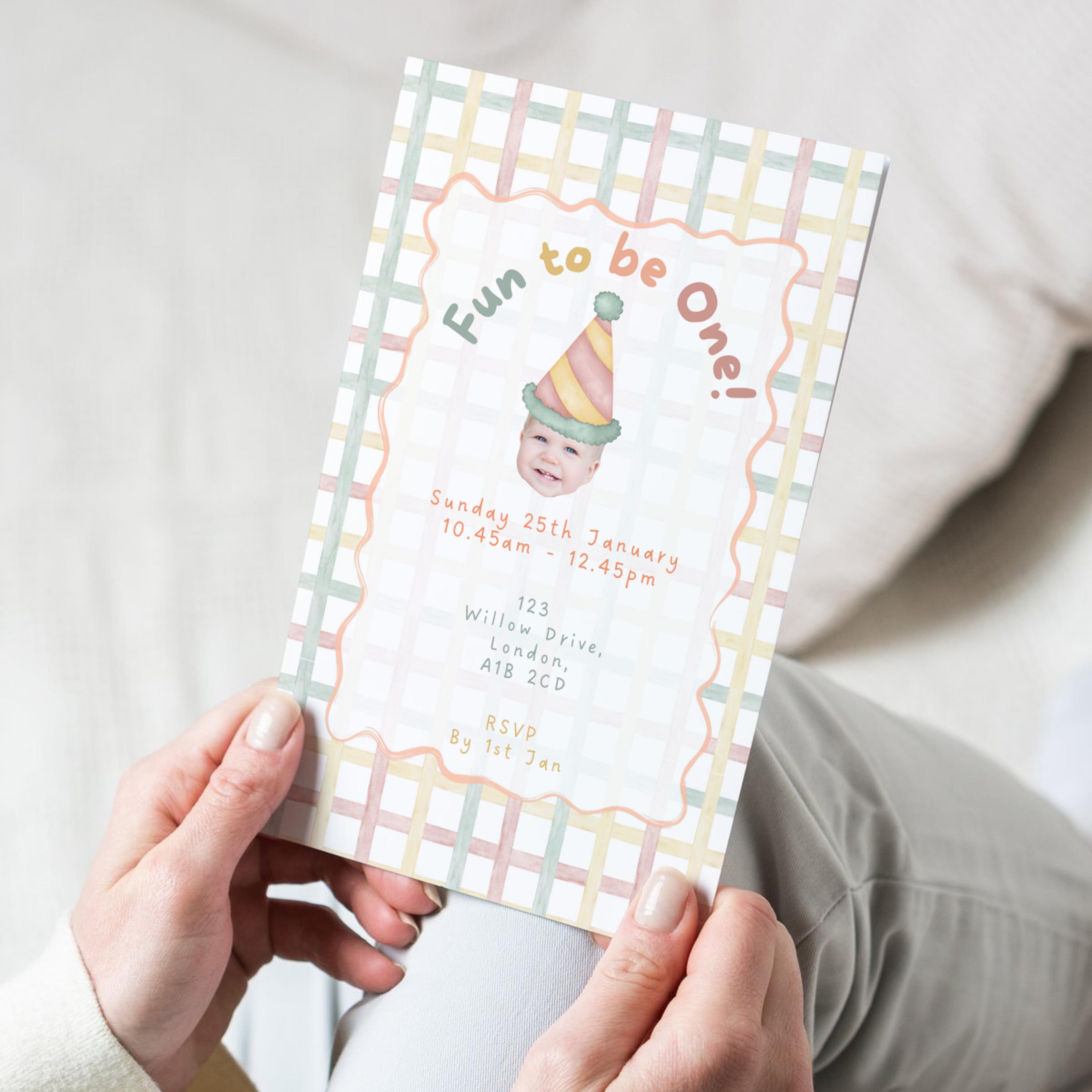 Fun to Be One Pastel Gingham Birthday Invitation – Editable Canva ...