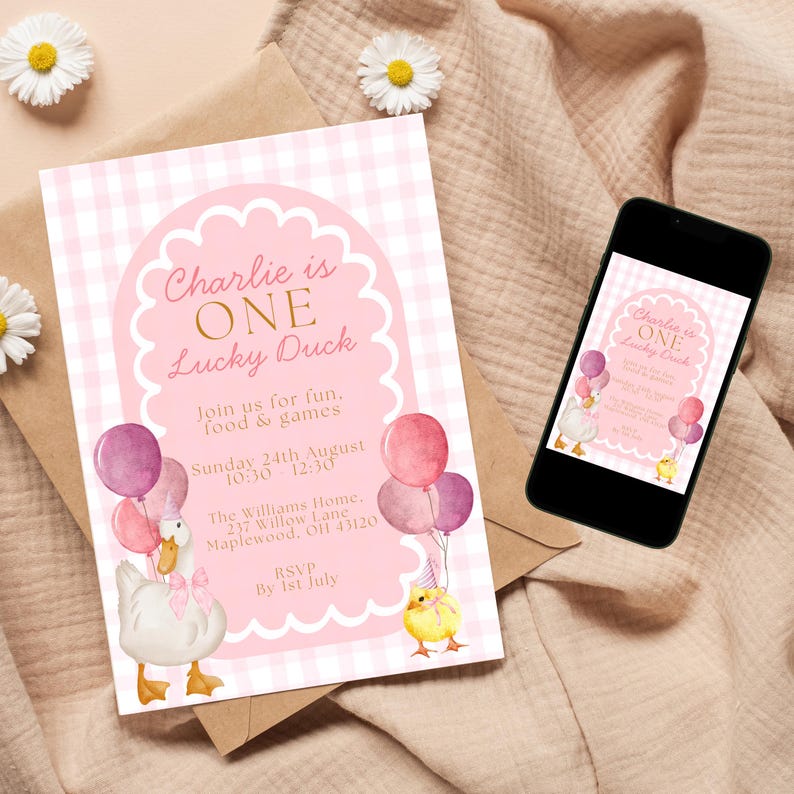 One Lucky Duck 1st Birthday Invitation: Pink Gingham Farm Animal Party ...