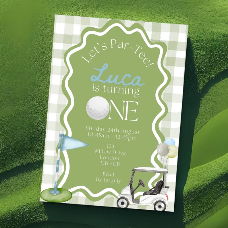 Golf First Birthday Invite: Watercolor Par-tee, Editable Template (5x7 ...