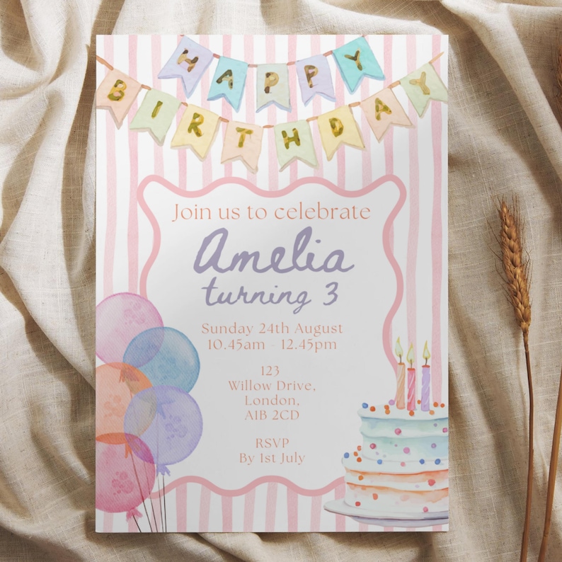 Pink Stripe Birthday Invitation | Editable Girls Party Invite | Vintage ...