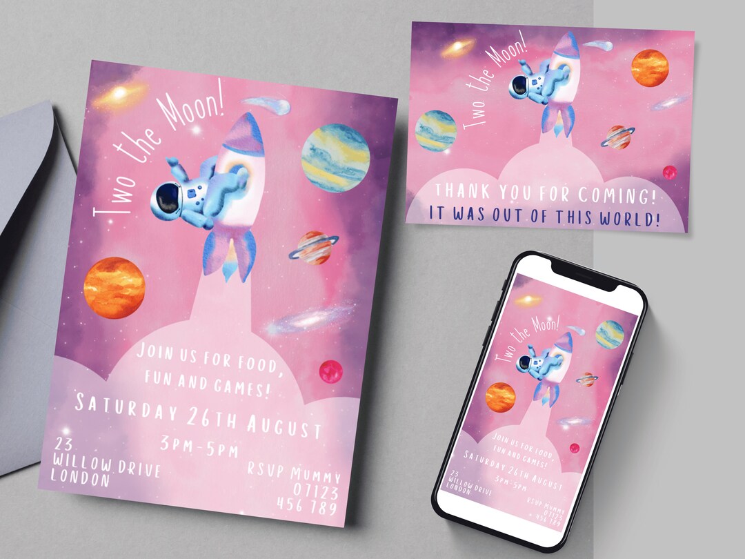 Pink Two the Moon Birthday Invitation, Moon & Stars Birthday Invite ...